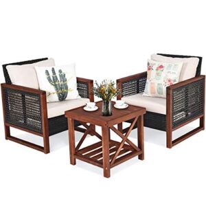 tangkula 3 pieces patio wicker furniture set, rattan outdoor sofa set w/washable cushion & acacia wood coffee table, conversation bistro set for garden balcony backyard (beige)