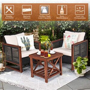 Tangkula 3 Pieces Patio Wicker Furniture Set, Rattan Outdoor Sofa Set w/Washable Cushion & Acacia Wood Coffee Table, Conversation Bistro Set for Garden Balcony Backyard (Beige)