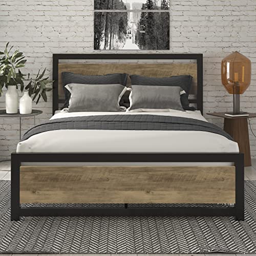 SHA CERLIN Queen Size Metal Platform Bed Frame with Wooden Headboard/Heavy Duty Bed Frame with 13 Strong Slats Support/Large Storage/Mattress Foundation/Noise-Free/No Box Spring Needed, Brown