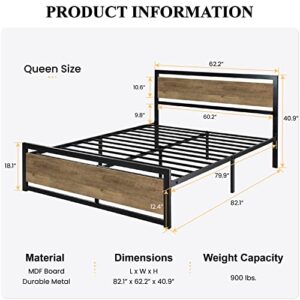 SHA CERLIN Queen Size Metal Platform Bed Frame with Wooden Headboard/Heavy Duty Bed Frame with 13 Strong Slats Support/Large Storage/Mattress Foundation/Noise-Free/No Box Spring Needed, Brown