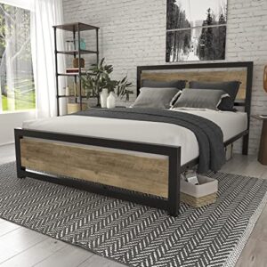 SHA CERLIN Queen Size Metal Platform Bed Frame with Wooden Headboard/Heavy Duty Bed Frame with 13 Strong Slats Support/Large Storage/Mattress Foundation/Noise-Free/No Box Spring Needed, Brown