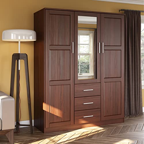 Palace Imports Cosmo Solid Wood 3-Door Wardrobe/Armoire/Closet with Mirror and 3 Drawers, Java. Additional Shelves Sold Separately.