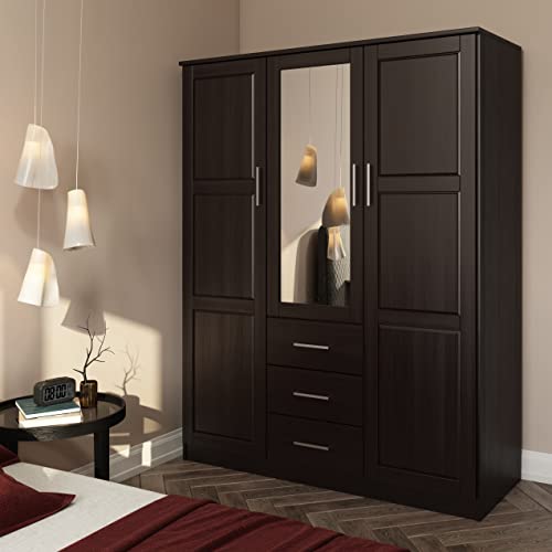 Palace Imports Cosmo Solid Wood 3-Door Wardrobe/Armoire/Closet with Mirror and 3 Drawers, Java. Additional Shelves Sold Separately.