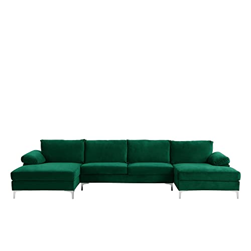 Casa Andrea Milano Modern Large Velvet Fabric U-Shape Sectional Sofa, Double Extra Wide Chaise Lounge Couch, Shamrock