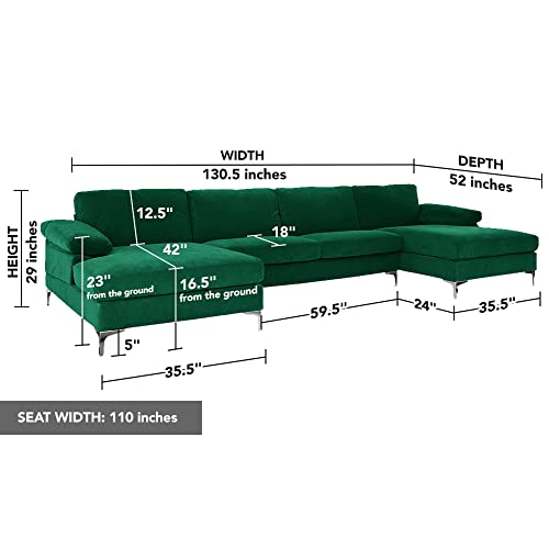 Casa Andrea Milano Modern Large Velvet Fabric U-Shape Sectional Sofa, Double Extra Wide Chaise Lounge Couch, Shamrock