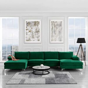 Casa Andrea Milano Modern Large Velvet Fabric U-Shape Sectional Sofa, Double Extra Wide Chaise Lounge Couch, Shamrock