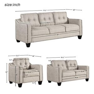 P PURLOVE 3 Piece Living Room Furniture Sectional Sofa Set for Living Room,Modern Nial Trimed Sectional Couch Set with Sofa, Loveseat and Armchair, for Living Room