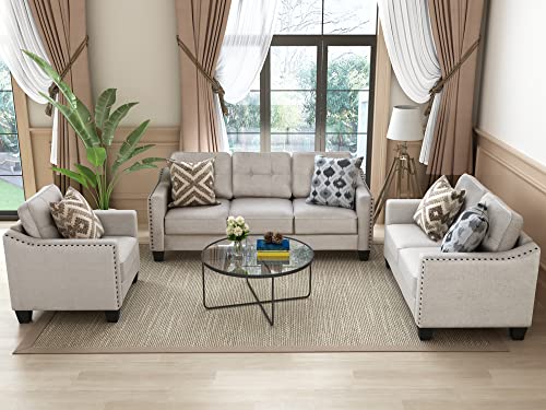 P PURLOVE 3 Piece Living Room Furniture Sectional Sofa Set for Living Room,Modern Nial Trimed Sectional Couch Set with Sofa, Loveseat and Armchair, for Living Room