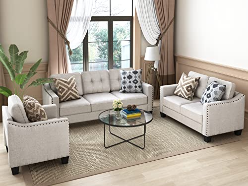 P PURLOVE 3 Piece Living Room Furniture Sectional Sofa Set for Living Room,Modern Nial Trimed Sectional Couch Set with Sofa, Loveseat and Armchair, for Living Room