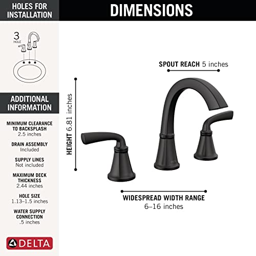 Delta Faucet Geist Widespread Bathroom Faucet 3 Hole, Matte Black Bathroom Faucet, Bathroom Sink Faucet, Bathroom Faucets for Sink 3 Hole, Drain Assembly Included, Matte Black 35864LF-BL