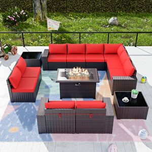 kullavik 13pcs outdoor patio furniture with 43″ 55000btu gas propane fire pit table pe wicker rattan sectional sofa patio conversation sets,red