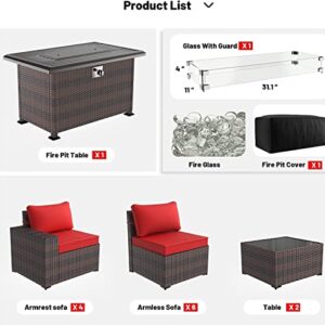 Kullavik 13PCS Outdoor Patio Furniture with 43" 55000BTU Gas Propane Fire Pit Table PE Wicker Rattan Sectional Sofa Patio Conversation Sets,Red