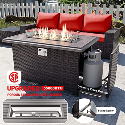 Kullavik 13PCS Outdoor Patio Furniture with 43" 55000BTU Gas Propane Fire Pit Table PE Wicker Rattan Sectional Sofa Patio Conversation Sets,Red