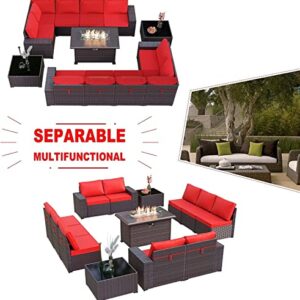 Kullavik 13PCS Outdoor Patio Furniture with 43" 55000BTU Gas Propane Fire Pit Table PE Wicker Rattan Sectional Sofa Patio Conversation Sets,Red