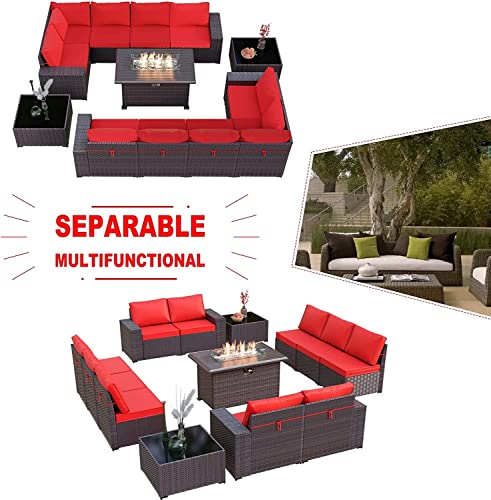 Kullavik 13PCS Outdoor Patio Furniture with 43" 55000BTU Gas Propane Fire Pit Table PE Wicker Rattan Sectional Sofa Patio Conversation Sets,Red