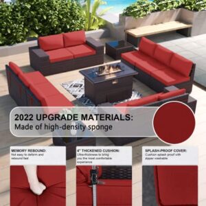 Kullavik 13PCS Outdoor Patio Furniture with 43" 55000BTU Gas Propane Fire Pit Table PE Wicker Rattan Sectional Sofa Patio Conversation Sets,Red