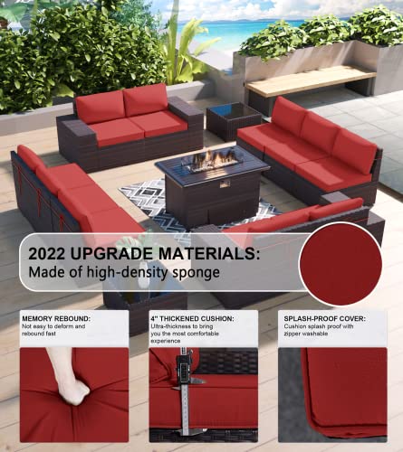 Kullavik 13PCS Outdoor Patio Furniture with 43" 55000BTU Gas Propane Fire Pit Table PE Wicker Rattan Sectional Sofa Patio Conversation Sets,Red