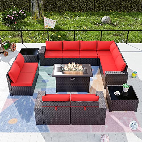 Kullavik 13PCS Outdoor Patio Furniture with 43" 55000BTU Gas Propane Fire Pit Table PE Wicker Rattan Sectional Sofa Patio Conversation Sets,Red