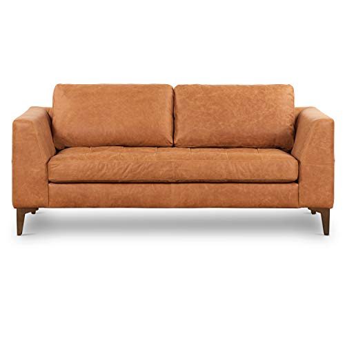 POLY & BARK Calle 75" Apartment Sofa in Full-Grain Pure-Aniline Italian Leather, Cognac Tan/Walnut