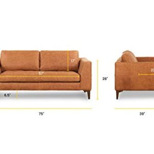 POLY & BARK Calle 75" Apartment Sofa in Full-Grain Pure-Aniline Italian Leather, Cognac Tan/Walnut