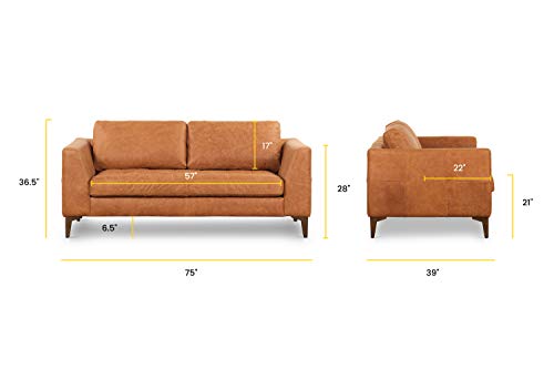 POLY & BARK Calle 75" Apartment Sofa in Full-Grain Pure-Aniline Italian Leather, Cognac Tan/Walnut