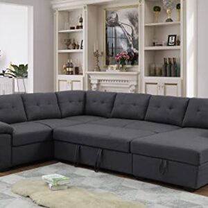 Alexent 5-Seat Modern Fabric Sleeper Sectional Sofa Bed with Pull-Out Bed with Storage Chaise Lounge in Dark Gray Color for Space Saving on Apartment, Living Room, Home Office, Guest Room