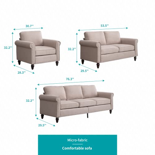 BALUS Soft Couches Set for Living Room, 3 Piece Modular Sectional Sofa with 5.9" Thicken Cushion, Including Three Seat Sofa, Loveseat and Single Chair for Apartment Furniture Set, Beige