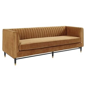 modway devote channel tufted performance velvet, sofa, cognac