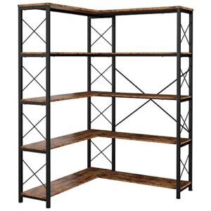 ironck 5-shelf corner bookcase, vintage industrial corner bookshelf etagere bookcase, 5 tier corner shelf storage rack with metal frame for living room home office