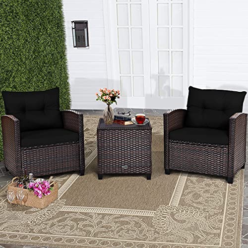 RELAX4LIFE 3 Piece Patio Furniture Set, Wicker Bistro Conversation Set w/ 2 Cushioned Armchairs & Glass Topped Table, Outdoor Rattan Sofa Set Patio Furniture for Porch Balcony Poolside (Black)