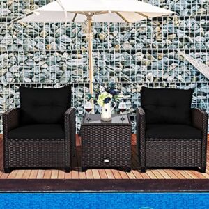 RELAX4LIFE 3 Piece Patio Furniture Set, Wicker Bistro Conversation Set w/ 2 Cushioned Armchairs & Glass Topped Table, Outdoor Rattan Sofa Set Patio Furniture for Porch Balcony Poolside (Black)