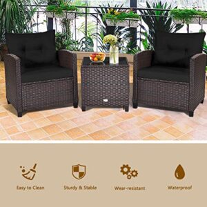 RELAX4LIFE 3 Piece Patio Furniture Set, Wicker Bistro Conversation Set w/ 2 Cushioned Armchairs & Glass Topped Table, Outdoor Rattan Sofa Set Patio Furniture for Porch Balcony Poolside (Black)