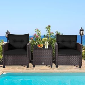 RELAX4LIFE 3 Piece Patio Furniture Set, Wicker Bistro Conversation Set w/ 2 Cushioned Armchairs & Glass Topped Table, Outdoor Rattan Sofa Set Patio Furniture for Porch Balcony Poolside (Black)