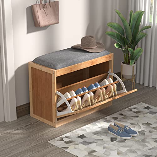 QSSLLC Bamboo Shoe Bench with Storage, Hidden Shoe Storage with Seat Cushion, Shoe Bench with Flip Drawer for Entryway, Hallway, Mumroom