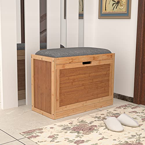 QSSLLC Bamboo Shoe Bench with Storage, Hidden Shoe Storage with Seat Cushion, Shoe Bench with Flip Drawer for Entryway, Hallway, Mumroom