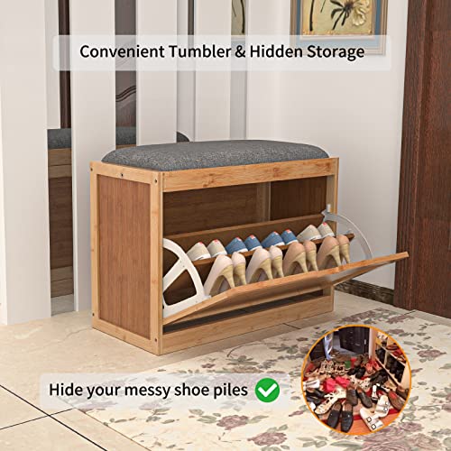 QSSLLC Bamboo Shoe Bench with Storage, Hidden Shoe Storage with Seat Cushion, Shoe Bench with Flip Drawer for Entryway, Hallway, Mumroom