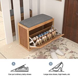 QSSLLC Bamboo Shoe Bench with Storage, Hidden Shoe Storage with Seat Cushion, Shoe Bench with Flip Drawer for Entryway, Hallway, Mumroom