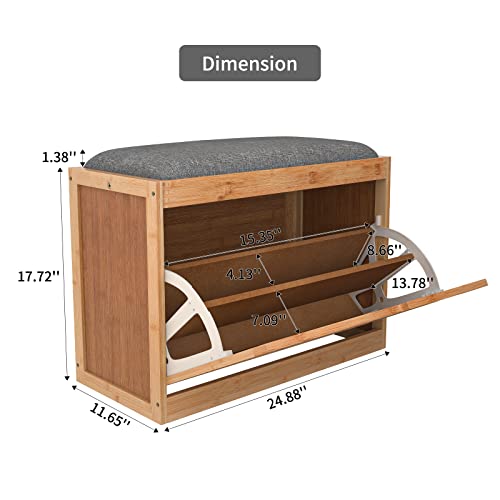 QSSLLC Bamboo Shoe Bench with Storage, Hidden Shoe Storage with Seat Cushion, Shoe Bench with Flip Drawer for Entryway, Hallway, Mumroom