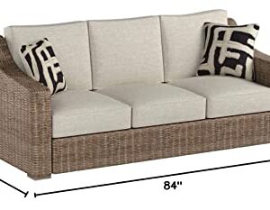 Signature Design by Ashley Beachcroft Outdoor Wicker Patio Sofa with Cushion and 2 Pillows, Beige, Light Gray