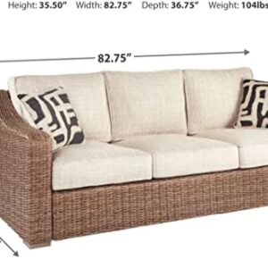 Signature Design by Ashley Beachcroft Outdoor Wicker Patio Sofa with Cushion and 2 Pillows, Beige, Light Gray