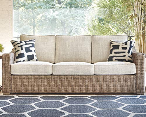 Signature Design by Ashley Beachcroft Outdoor Wicker Patio Sofa with Cushion and 2 Pillows, Beige, Light Gray