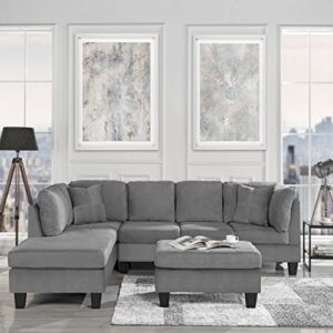 casa andrea milano modern 3 piece microfiber l shaped sectional sofa with reversible chaise & ottoman, large, grey