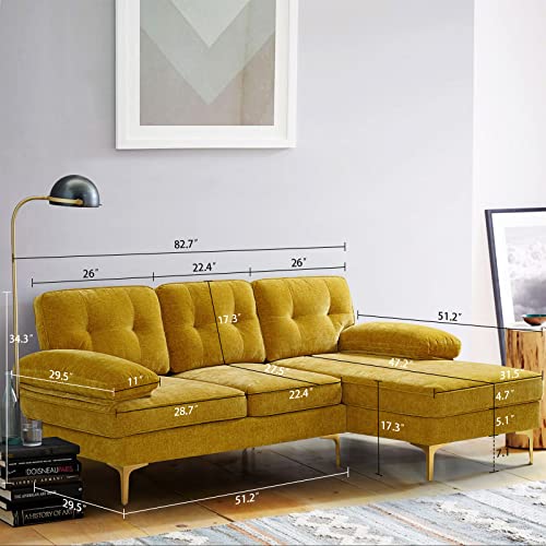 COOLDEX 82” L Shape Sofa, Yellow Sectional Sofa, MCM Sofa, Chenille Loveseat Sofa with Chaise Removable and Washable Cushions (Yellow)