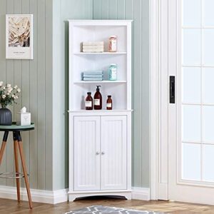 spirich home tall corner cabinet with two doors and three tier shelves, free standing corner storage cabinet for bathroom, kitchen, living room or bedroom, white