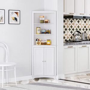 Spirich Home Tall Corner Cabinet with Two Doors and Three Tier Shelves, Free Standing Corner Storage Cabinet for Bathroom, Kitchen, Living Room or Bedroom, White