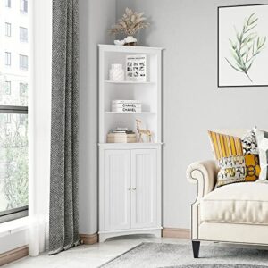 Spirich Home Tall Corner Cabinet with Two Doors and Three Tier Shelves, Free Standing Corner Storage Cabinet for Bathroom, Kitchen, Living Room or Bedroom, White