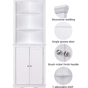 Spirich Home Tall Corner Cabinet with Two Doors and Three Tier Shelves, Free Standing Corner Storage Cabinet for Bathroom, Kitchen, Living Room or Bedroom, White