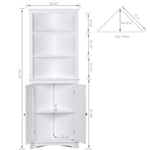 Spirich Home Tall Corner Cabinet with Two Doors and Three Tier Shelves, Free Standing Corner Storage Cabinet for Bathroom, Kitchen, Living Room or Bedroom, White