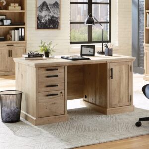 Sauder Mason Peak 60" Engineered Wood Double Pedestal Desk in Prime Oak