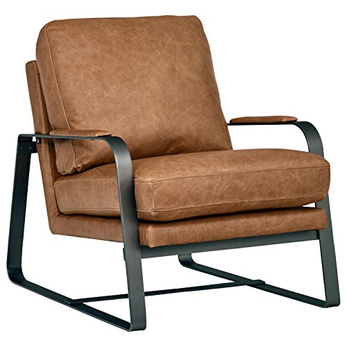 Amazon Brand – Rivet Summit Mid-Century Modern Leather Accent Chair with Steel Arms, 27"W, Cognac Brown